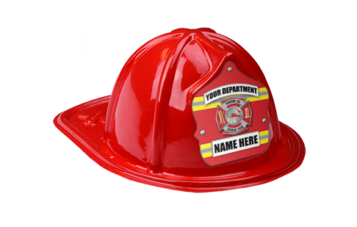 Personalized Kids Fire Hats – Custom Red & Yellow Uniform Label